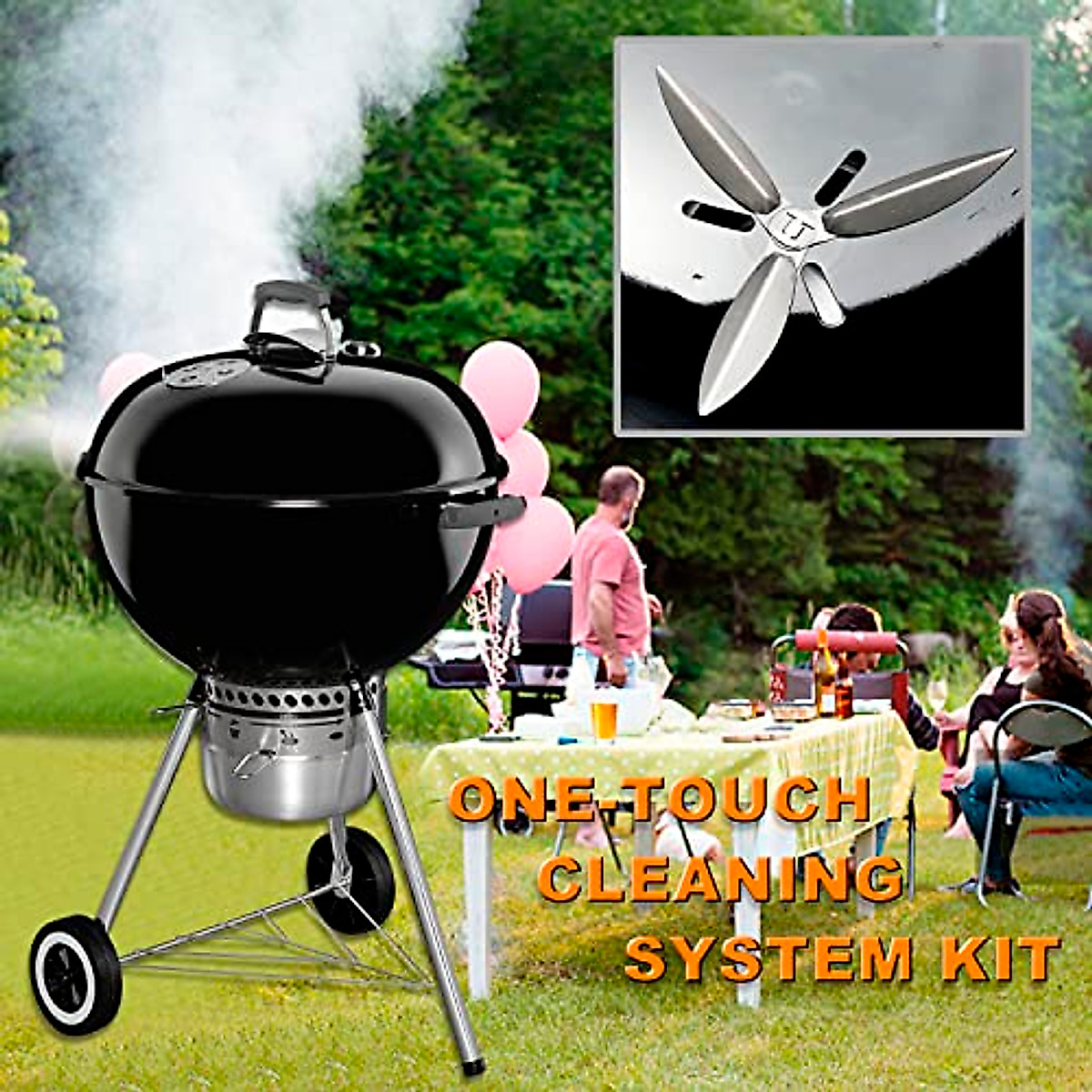 22-1/2-Inch One-Touch Cleaning System Kit, Compatible with Weber Grill Parts, 7444 Weber Kettle Grills - for Grill Bottom, Grill Damper Air Amount Control and Kettle ash Clean-Out, Silver.