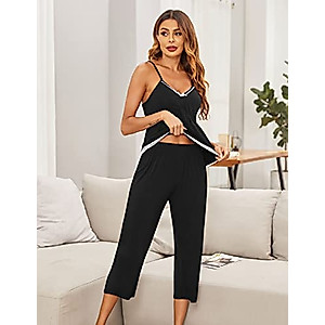 Ekouaer Womens Summer Pajamas Set Capris Pants Sexy Sleepwear Cami Nightwear Pj Set Black XXL
