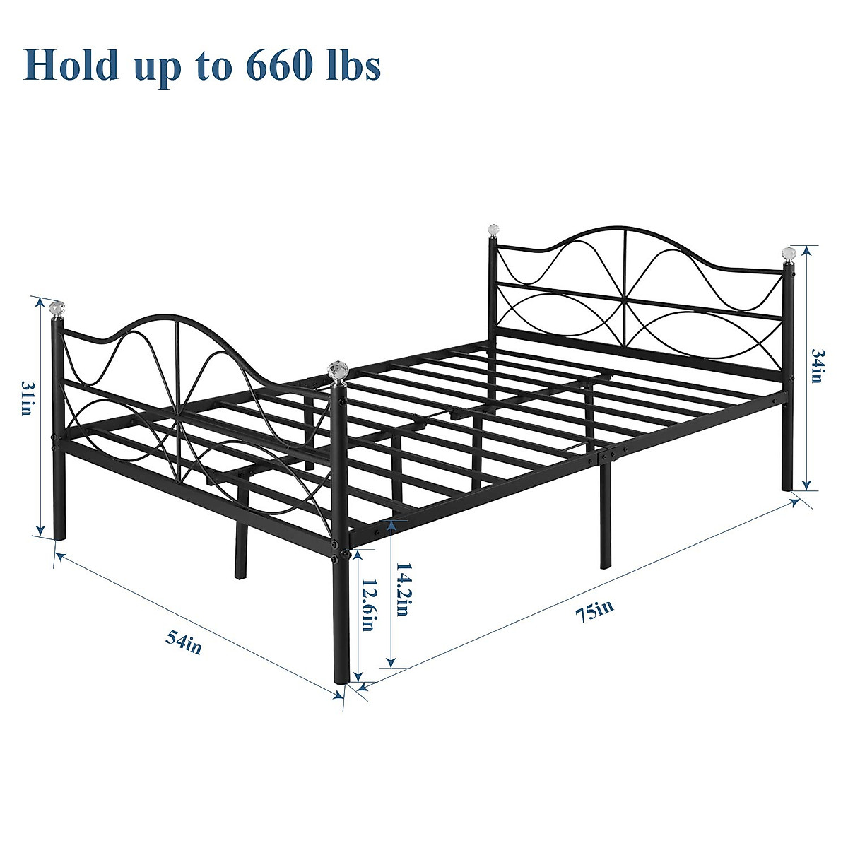 VECELO Full Size Bed Frame Metal Mattress Foundation,Platform Bed with Box Spring Replacement Headboard, Deluxe Crystal Ball Stylish,Matte Black