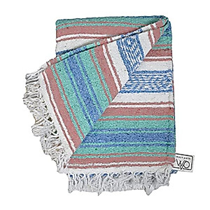 Open Road Goods Light Teal and Coral Mexican Blanket - Authentic Mexican Flasa - Great Yoga Blanket, Beach Blanket, Picnic Blanket, or Mexican Throw! Handwoven