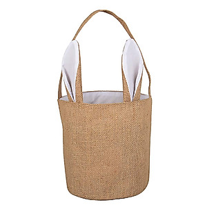 KEFAN 3 Pack Easter Bunny Baskets Jute Burlap Easter Bags with Ears Stand Up 8 x 8 x 9 Inch