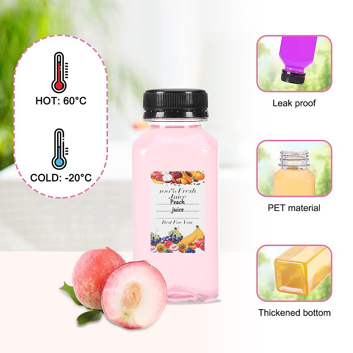 Prerrysurpasse 48pcs 8oz Empty Plastic Juice Bottles- Clear Homemade Juicing Drinks Containers with Black Tamper Proof Lids for Juicing, Smoothie,Drinking,Reusable Beverages Bottles