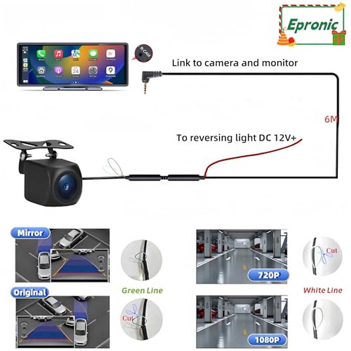 Epronic 4 Pin Backup Camera for Mirror Dash Cam and Carplay Screen Only Support AHD1080P and 720P, 4 Pin to 2.5mm Jack Vehicle Backup Camera Dash Cam Front/Rear View Camera 23 Ft Male Plug