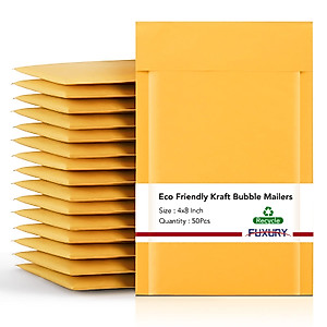 Fuxury Kraft Bubble Mailer 4x8 Inch 50 Pack，Strong Adhesion Padded Envelopes ,Self Seal Bubble Envelopes, Waterproof Cushioned Bubble Mailers Packaging for Small Business，Bulk #000 Yellow