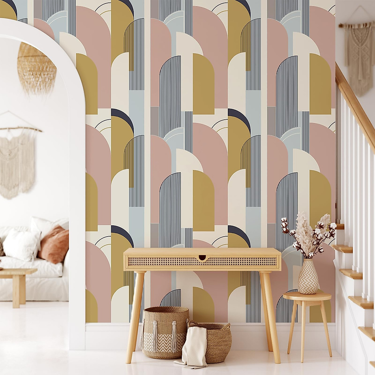 VEELIKE 17.7''x354'' Abstract Arches Geometric Wallpaper Peel and Stick Boho Geometric Contact Paper for Accent Walls Removable Modern Wallpaper Self Adhesive Art Wall Mural for Bedroom Bathroom