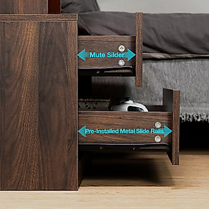 HOMMPA Rustic Nightstand with Wireless Charging Station LED Bedside Table with 2 Drawers End Table with Open Shelf Smart Nightstand USB Night Stand with Led Light for Bedroom Dark Walnut Wood