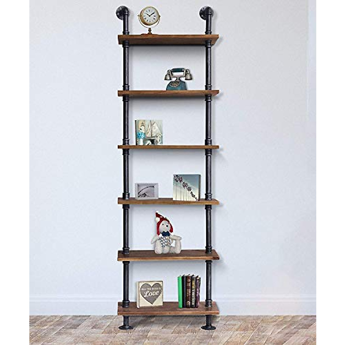 Diwhy 24”Width Industrial Pipe Shelves Rustic Modern Wood Ladder Bookcase with Metal Frame,Pipe Wall Shelf,Wood Storage,Home Decor,Display Shelving,Retro Floating Wood Shelving,6 Layer Bookshelf