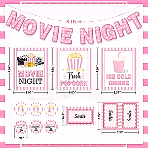K KUMEED Movie Night Party Decorations-Pink Movie Night Banner Cute Popcorn Sign Ice Cold Drink Toppings Tent Cards Movie Night Stickers for Movie Theme Party Summer Ice Bar Film Party Supplies
