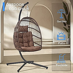 LEYCAY Egg Chair with Stand, Hanging Egg Swing Hammock Chair with Stand, Indoor Outdoor Wicker Egg Chair with Cushion Headrest for Patio Bedroom Porch Garden, 350LBS Capacity(Brown)