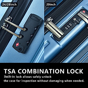 TydeCkare 2pcs 20/28" Luggage Set Lightweight HardShell, Only 20 Inch Carry On 21.65 * 15.35 * 7.87" Cabin Suitcase with Front Pocket, 28 Inch 19.68 * 11.81 * 29.92" Checked Luggage, Blue