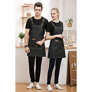 Denim Cross-Back Chef Bib Apron with Pockets for Men and Women (Black Stripe)