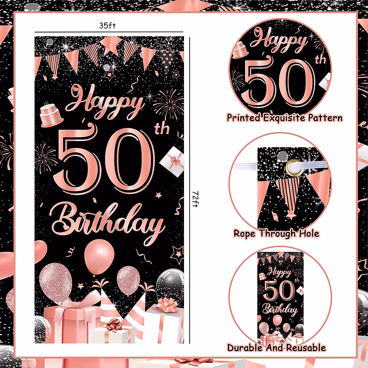 50th Birthday Decorations for Women Black and Rose Gold, Happy 50th Birthday Door Banner, Triangle Flag Garland, Number 50 Balloon, Fifty Year Old Birthday Party Supplies