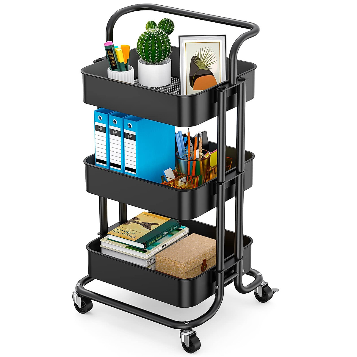 Totnz Rolling Utility Cart, 3-Tier Mesh Organization Cart with Lockable Wheels, Multi-Functional Storage Trolley for Office, Living Room, Kitchen, Laundry, Bathroom Storage, Black (TZUC01B)