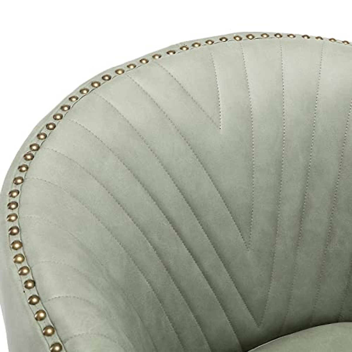 QUINJAY Green Faux Leather Home Office Desk Chair, Upholstered Barrel Swivel Adjustable Arm Desk Chair with Nailheads, Comfy Mid-Back Study Chair with Silent Wheel for Study Office Computer