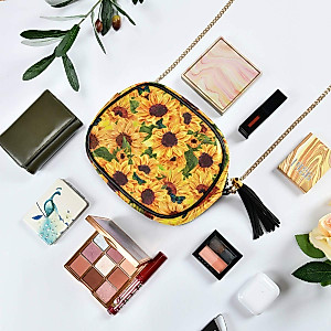 ALAZA Women's Vintage Sunflower with Butterfly Cross Body Bag Chain Shoulder Handbag Purse with Tassel