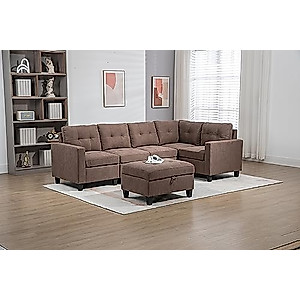 Evedy Living Room Furniture Set,L-Shaped, Modular Sectional Sofa with Left & Right Arm, Corner Chair, Ottomans Table,Extra Wide Chaise Lounge Couch for Home, Apartment (Brown)