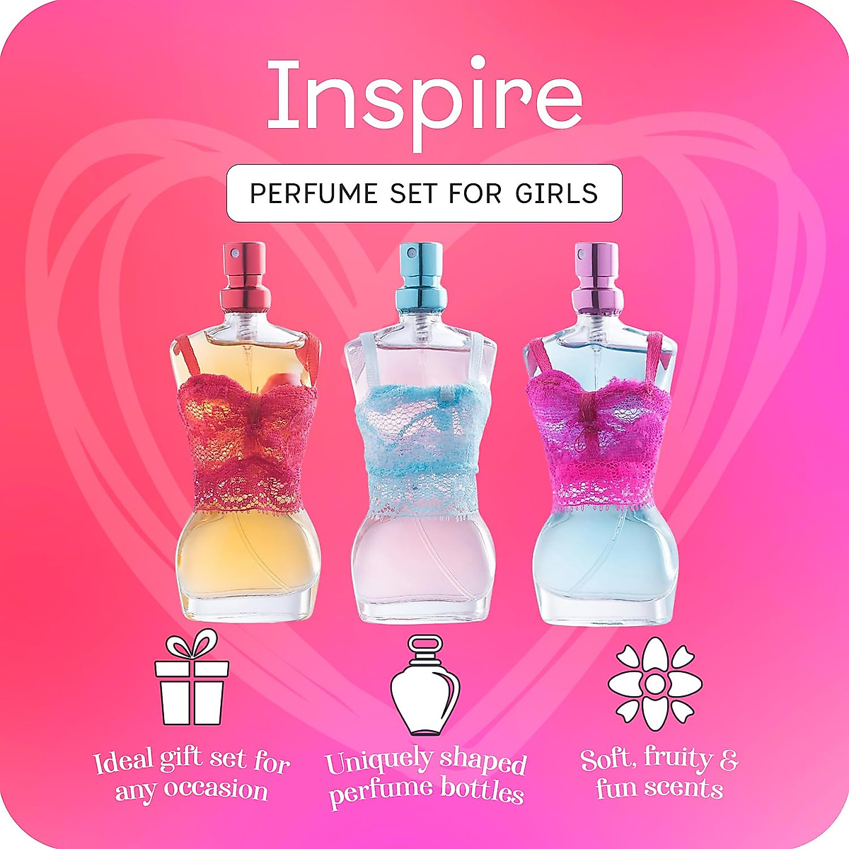 SCENTED THINGS Inspire Teen Perfume Gift Set, Perfume for Kids, Girls 10-12, & Teenage, Teens Body Spray Mist, Girl Fashion Collection 3 Mannequin-Shaped Perfumes Bottles