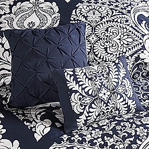 Madison Park Vienna Sateen Cotton Comforter Set, Breathable, Soft Cover, Trendy, All Season Down Alternative Cozy Bedding with Matching Shams, King, Indigo 7 Piece