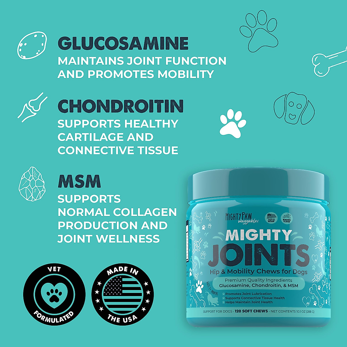 Mighty Paw Waggables Joint Support Supplement for Dogs (Made in USA) | Glucosamine for Dogs Hip and Joint Supplement. Vet Formulated Pet Mobility, Chondriotin & MSM Dog Joint Supplement Chews (120 Ct)