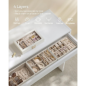 SONGMICS Stackable Jewelry Trays, 4-Tier Jewelry Box, Drawer Jewelry Organizer, with Glass Lid, Removable Dividers, for Vanity Table, 6.7 x 11 x 7.2 Inches, Christmas Gift, Cloud White UJBC164W01