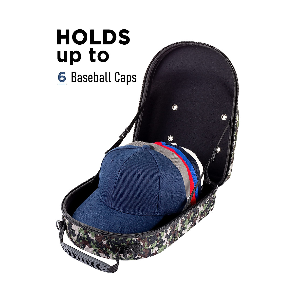 Thorza 6 Hat Travel Case for Baseball Caps, Trucker, and Flat Brim Hats - Hard Side Storage and Protection Case - Dust Proof Carrier with Carry Handle and Shoulder Strap - Camouflage