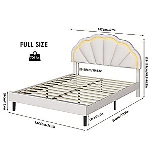 HIFIT Full Upholstered Smart LED Bed Frame with Adjustable Elegant Flowers Headboard, Platform Bed Frame Full Size with Wooden Slats Support, No Box Spring Needed, Easy Assembly, Beige