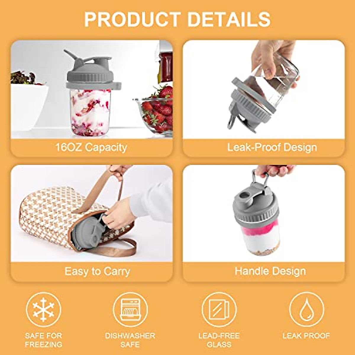 DNANAOL Overnight Oats Containers with Lids - 16 oz Overnight Oats Jars Set of 4, Reusable Yogurt Mason Jars with Lids & Spoons, Large Capacity Airtight Jars for Milk, Cereal, Fruit To Go Containers