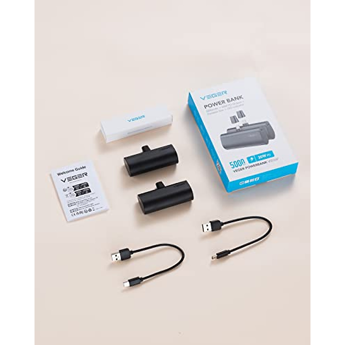 VEGER 2 Packs of 5000mAh Small Portable Chargers for iPhone, Mini Fast Charging 20W PD Power Bank Cordless Portable External Battery Pack for iPhone 13, 12, 11, 8, 7, XS Max, Pro Max, AirPods