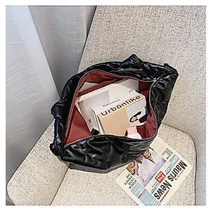 Large Puffy Tote Bag for Women, Lightweight Quilted Cotton Padded Puffy Shoulder Bag, Down Designer Handbag Crossbody Bag (Black)