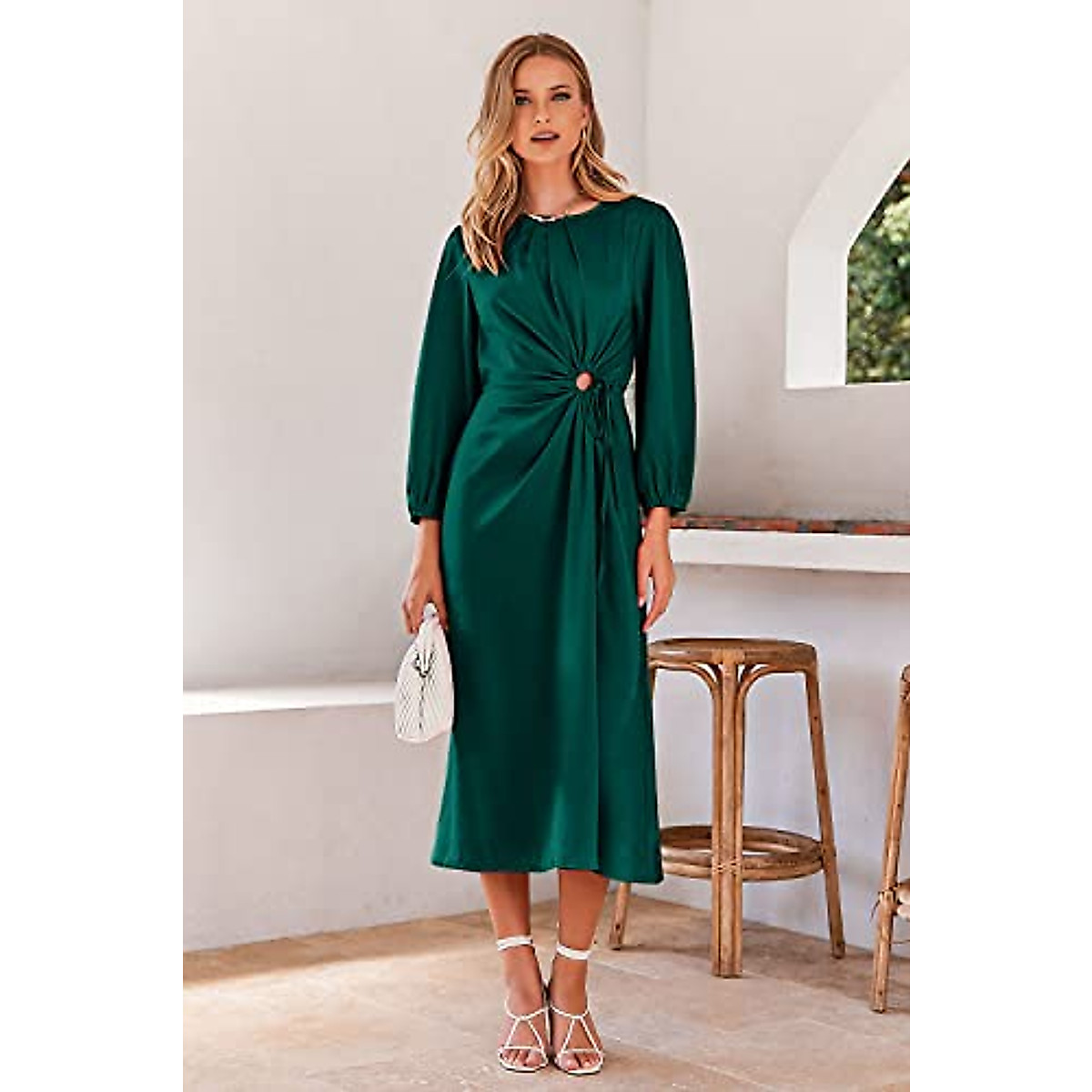 PRETTYGARDEN Women's 2023 Satin Maxi Dress Puff Long Sleeve Crewneck Cutout Casual A-line Long Flowy Dresses (Dark Green,X-Large)