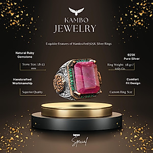 Falcon Jewelry Real Natural Ruby Gemstone Ring, 15.50 Carat, Sterling Silver Ring, Raw Stone, Byzantine Ring red