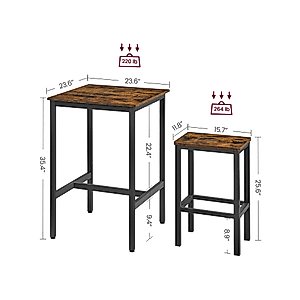 VASAGLE Bar Table and Chairs Set, Square Bar Table with 2 Bar Stools, Dining Pub Bar Table Set for 2, Space Saving for Kitchen Breakfast, Living Room, Party Room, Rustic Brown and Black