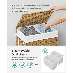 SONGMICS Laundry Hamper with Lid, 90L Clothes Hamper with 2 Removable Liner Bags, 6 Mesh Bags, Wicker Laundry Basket, Double Laundry Hamper for Bathroom, 13 x 18.1 x 23.6 Inches, Natural ULCB251N01V1