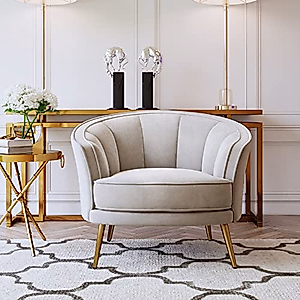 LUMISOL Modern Velvet Barrel Chair Accent Chair Arm Chair with Golden Legs, Upholstered Vanity Chair Comfy Curved Adult Chair for Bedroom (Beige Barrel)