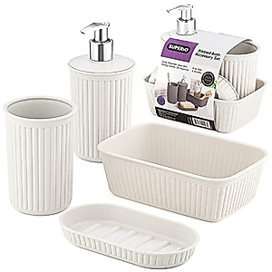 Decorative Plastic Bathroom Accessories Set, White Smoke (Set of 4) Soap Dish, Liquid Dispenser, Toothbrush Holder Cup, Vanity Organizer Tray - Bath Accessory Countertop Decor Gift - Ribbed Design