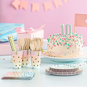 Dn Dennov 168PCS Pink and Gold-Pastel Party Supplies, Severs 24 Disposable Party Dinnerware Include Paper Party Plates,Cups,Napkins,Straw,Wooden Fork Spoon for Wedding,Christmas(Trompe l'oeil Gold)