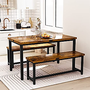 Recaceik 47" Dining Room Table Set with 2 Benches, Kitchen Dining Table Set for 4 Persons, Space Saving Kitchen Table and Chair Set for Dining Room, Small Space, Breakfast Nook(Brown)