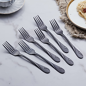 Black Dinner Fork Set, Seeshine 7.8-inch Stainless Steel Shiny Black Metal Table Fork Silverware, Set of 6
