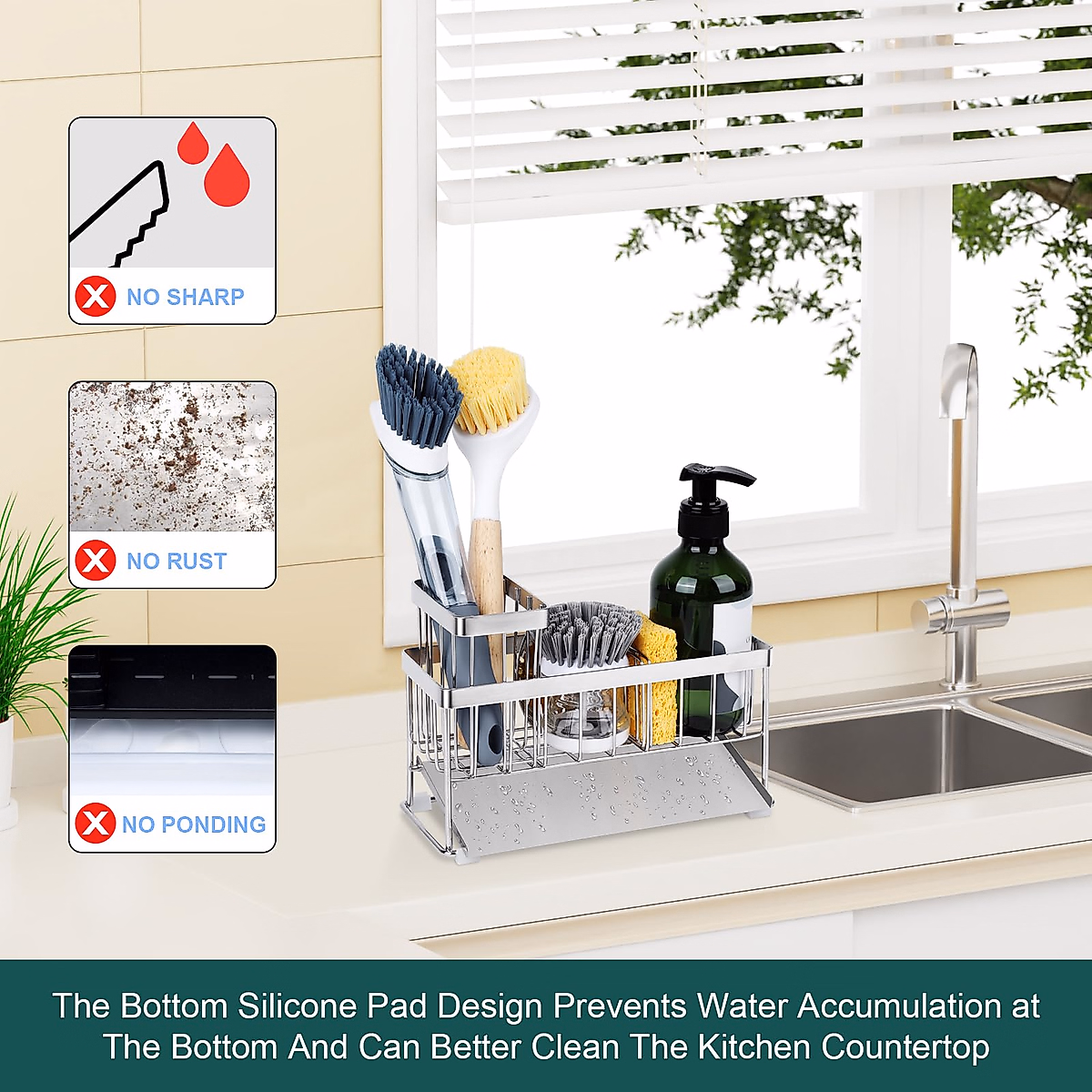 EEKEDO Kitchen Sink Caddy Organizer with Auto Drain Tray and Divider, Sponge Holder and Brush Storage for Kitchen, Rustproof Stainless Steel - Silver