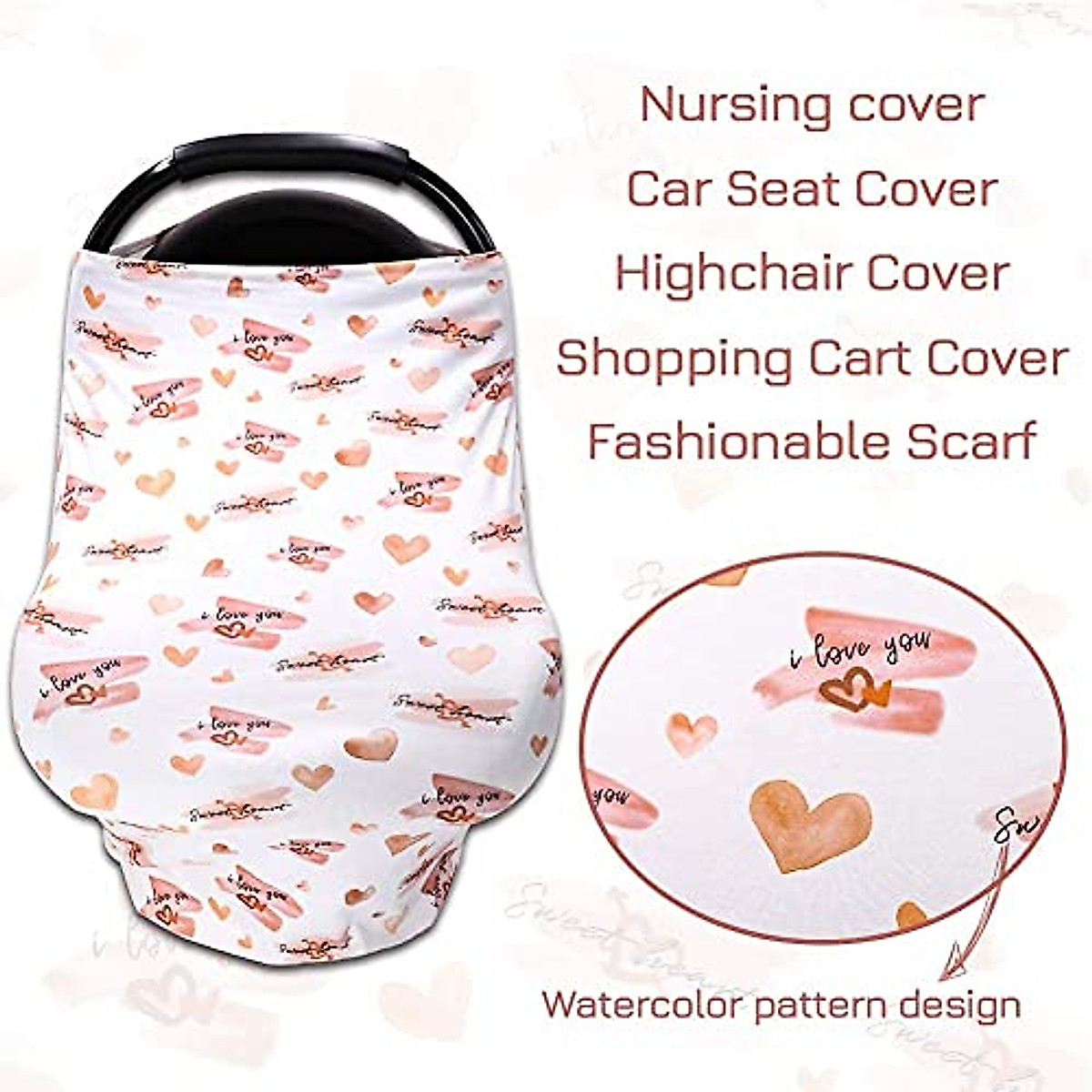 Hooyax Infant Car Seat Cover for Mom Baby, 6 in 1 Multi-Use Cover for Nursing, Breastfeeding, Carrier, Stroller, High Chair, Shopping Cart Lounger Canopy Ultra Soft and Stretchy, Stripe & Heart