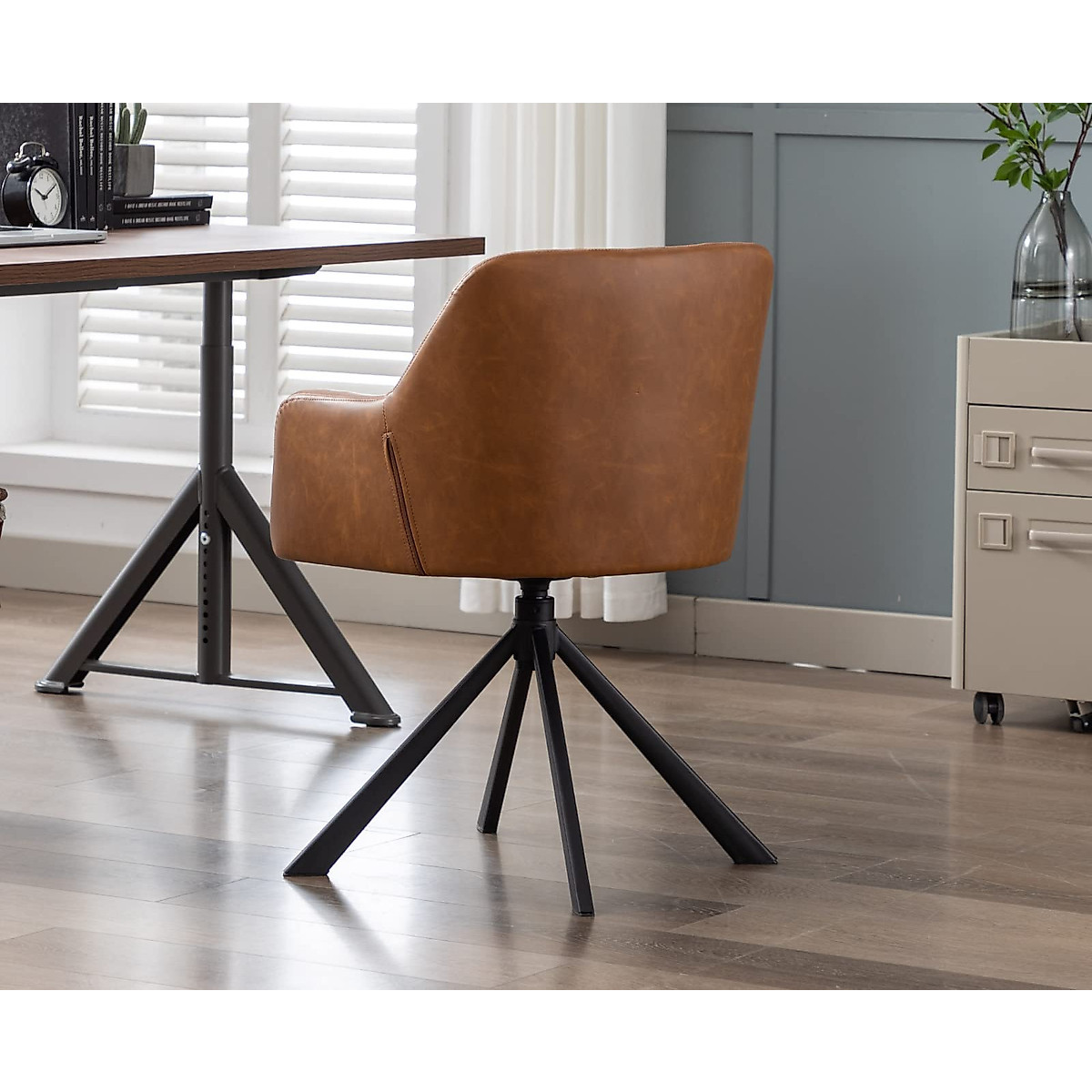 EALSON Comfy Leather Desk Chair Modern Computer Task Chair no Wheels Swivel Accent Chair with Mid Back Arm Chair for Living Room/Bedroom/Home Office, PU Brown