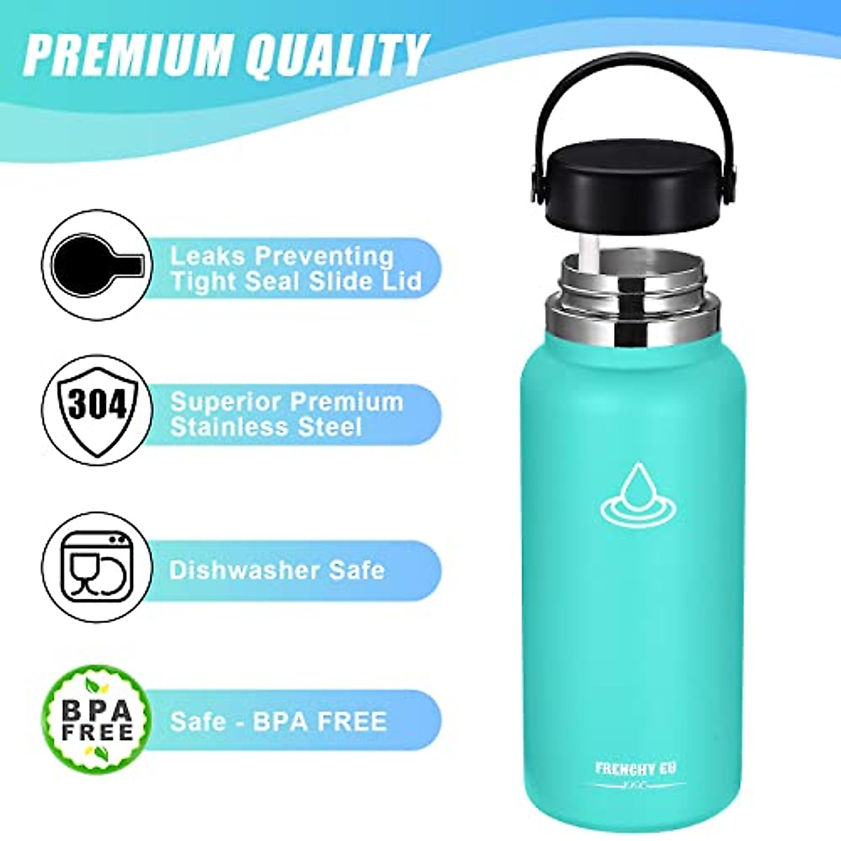 Frenchy EU Sports Water Bottle - 32 OZ, lids, Stainless Steel, Vacuum Insulated, Wide Mouth, Leak Proof, Reusable, Ecologique (Pacific)