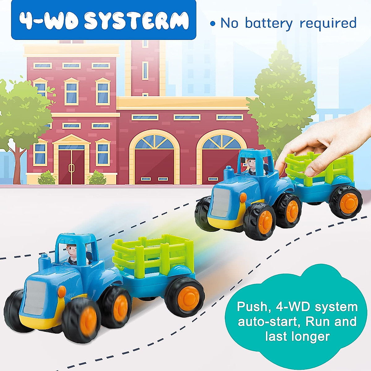 4 Pack Friction Powered Cars Set, Educational Vehicles Toy Gifts for Kids Toddler Baby 18 month +, Push and Go Bulldozer Tractor Dumper Cement Mixer Engineering Trucks Toys for Boys Girls Birthday