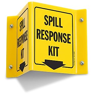 SmartSign "Spill Response Kit" Projecting V-Sign Polished Acrylic with Flame Treated Edge, Black On Yellow | 5" x 6"