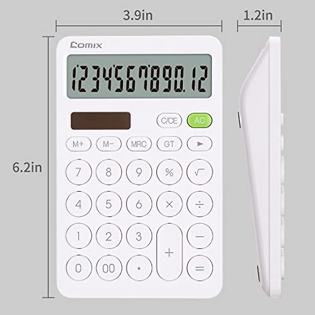 Comix Desktop Calculator with Large LCD Display and Big Button, 12 Digits Baisc Calculator, Standard Calculator, Solar Battery Dual Powered, for Office Home School & Business Use (White)