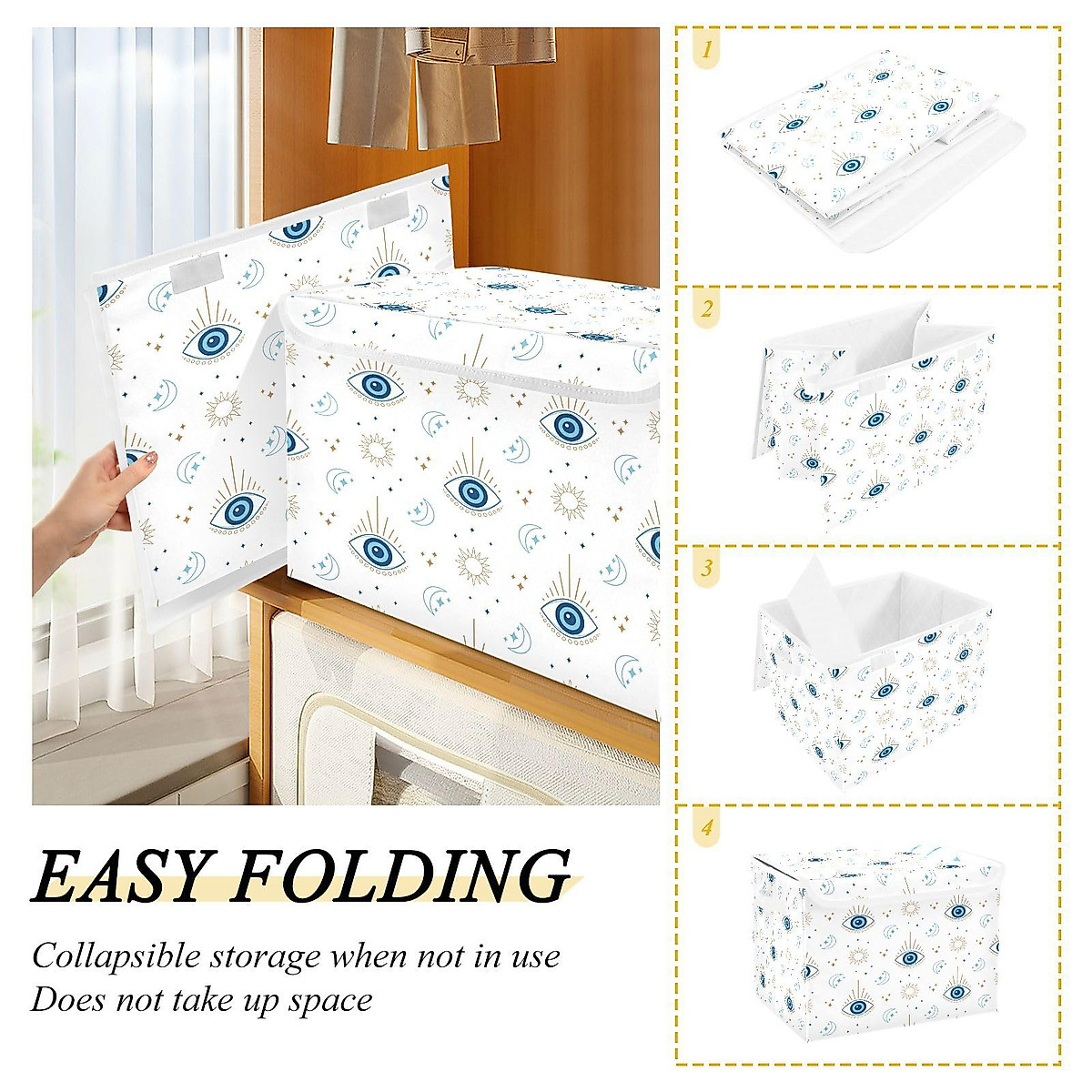 YETTASBIN Magic Evil Eye Storage Basket with Lid and Handles, Large Collapsible Fabric Storage Bins Sturdy Storage Organizer for Shelves, Closet, Bedroom, School, Office, Home Decor