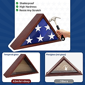 ASmileIndeep Flag Display Case for Small Flag, 3' x 5' American Flag Shadow Box with HD Tempered Glass and Wall Mount (Not for Burial Flag), Triangle Flag Holder Frame for Folded Flag - Cherry Red