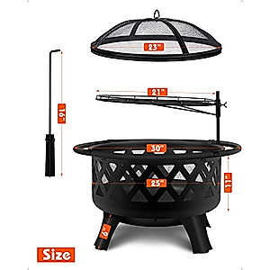 Outdoor 2 in 1 Fire Pit 30" Wood Burning FirePit with Grill, Spark Screen, Great for Outdoor, Garden, Patio, Backyard, Bonfire