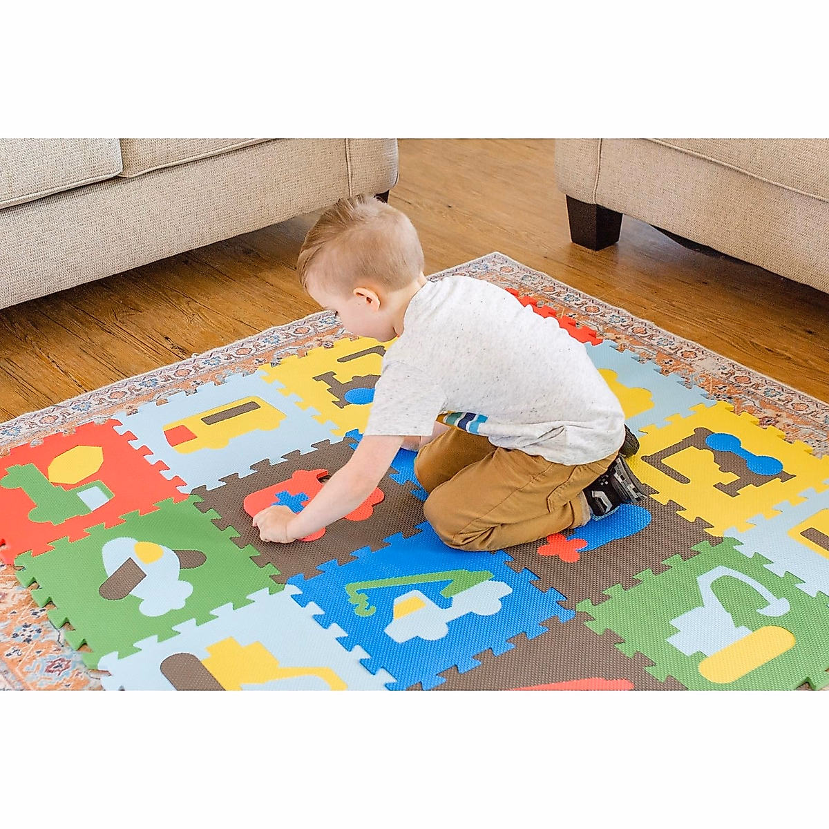 Tadpoles 16 Tiles Transportation Playmat for Kids | Interlocking Tiles with 16 Border Pieces | Soft EVA Foam | Safe & Durable | Total Floor Coverage 50” x 50” | Ages 3 & Up | Multicolor