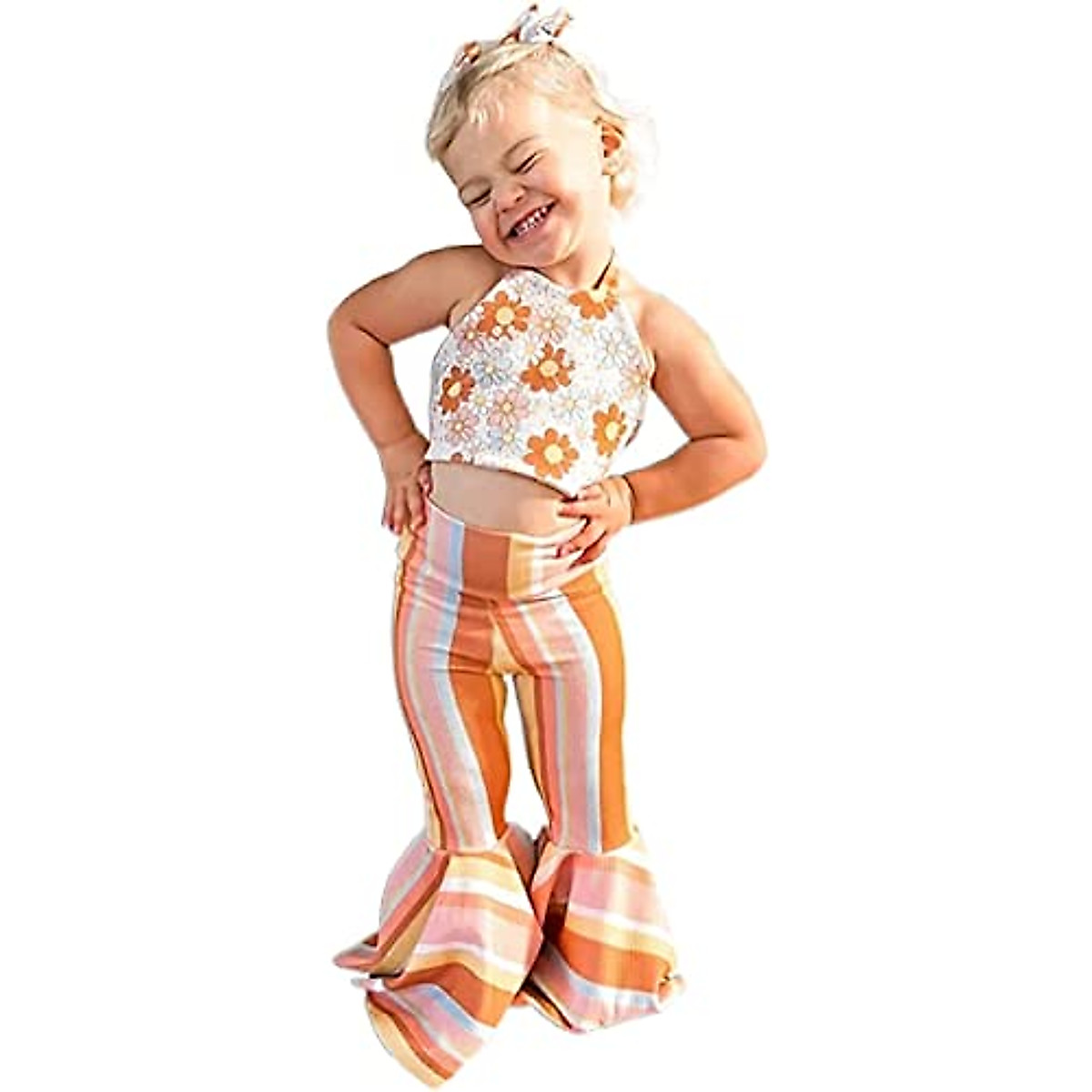 Baby Girl Summer Clothes Cute Bell Bottoms Outfits Sleeveless Halter Backless Crop Tank Tops Flare Pants Set (A-Colorful, 18-24 Months)